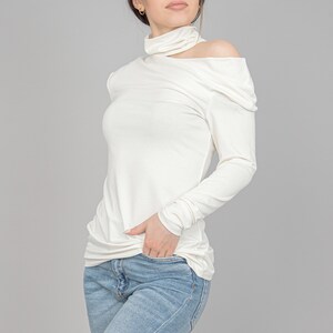 White off Shoulder Polo Top/open Shoulder Long Sleeve Tunic/top/women ...