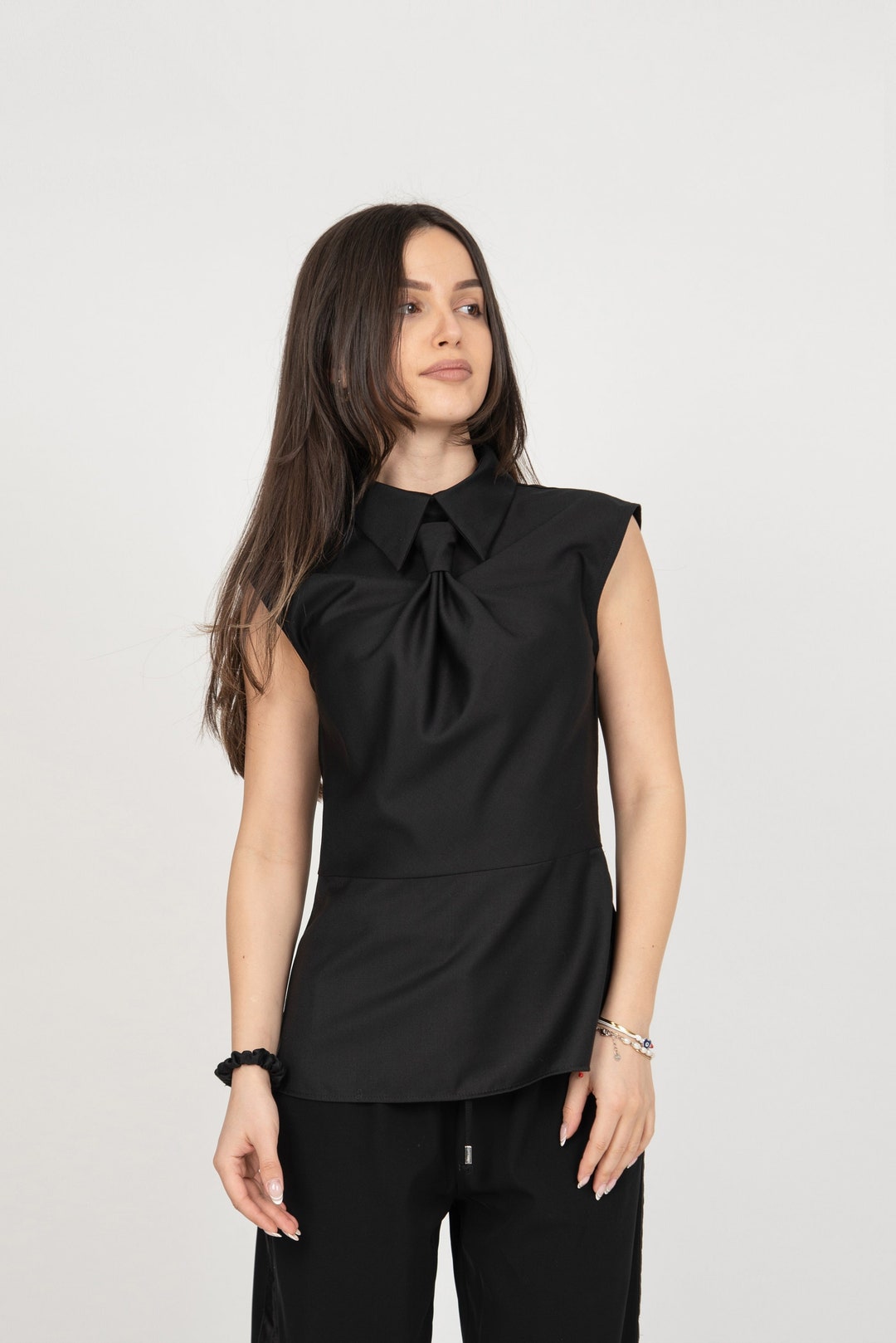 Smart Shirt/smart Black Shirt/collared Black Top/sleeveless Shirt ...