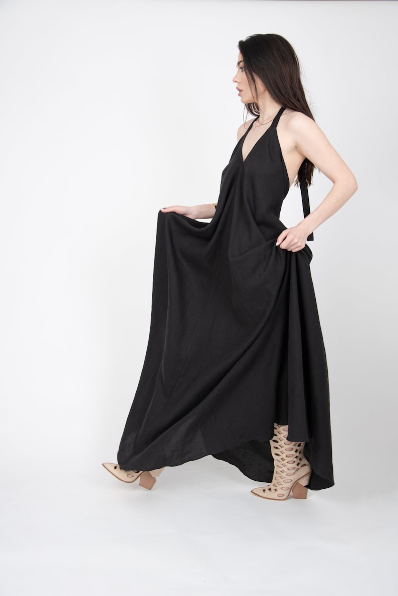 Linen Open Back Dress/black Linen Dress/linen Wedding Dress/linen Maxi ...