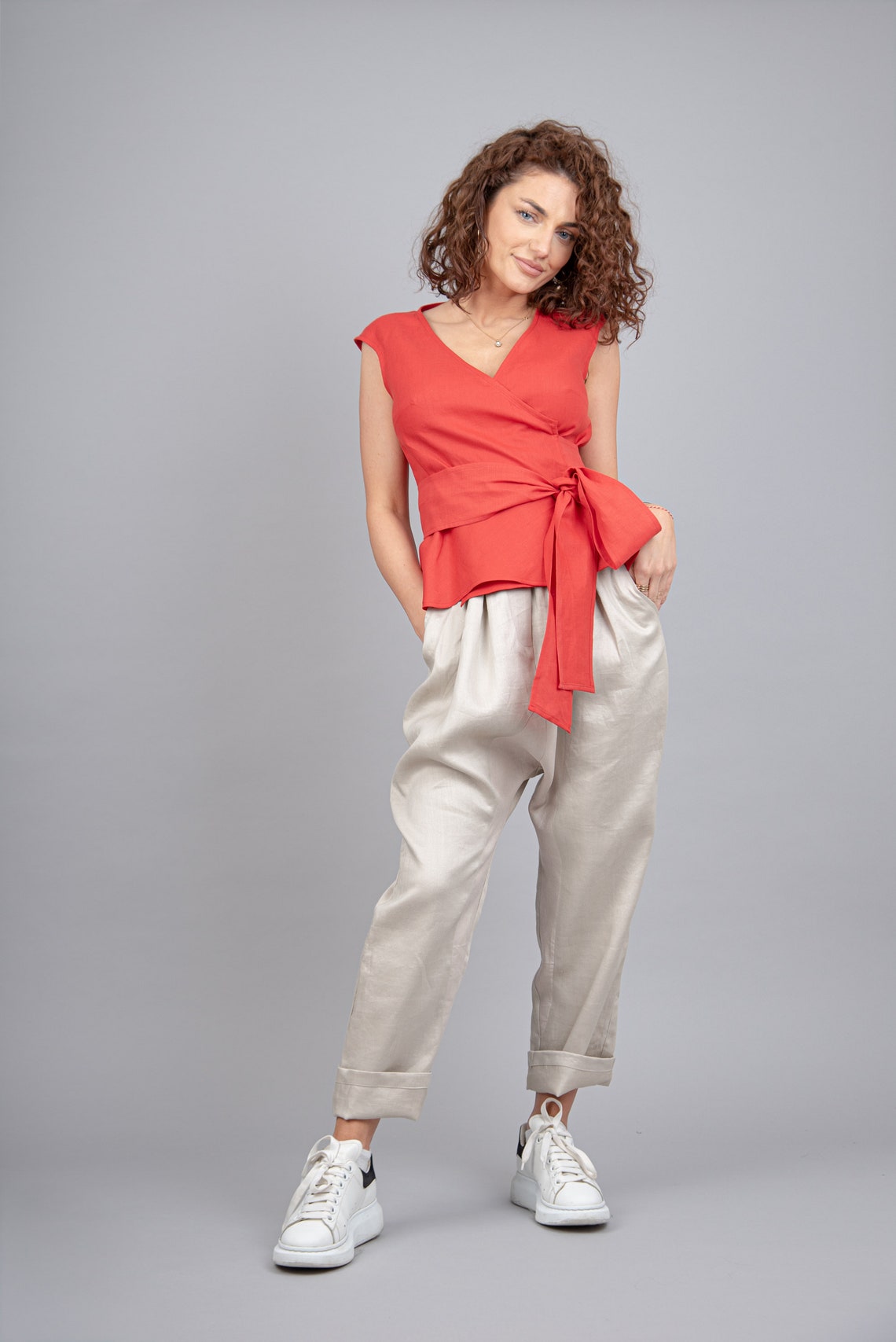 Linen Red Shirt/oversized Linen Tank Top/belt Linen Blouse/casual Linen ...