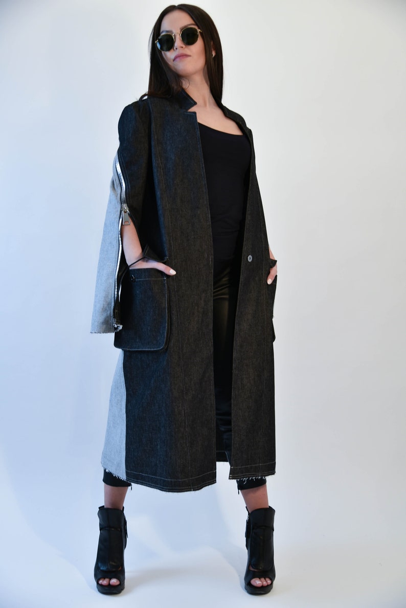 Patch Pocket Coat/Long Denim Coat/All Season Collar | Etsy