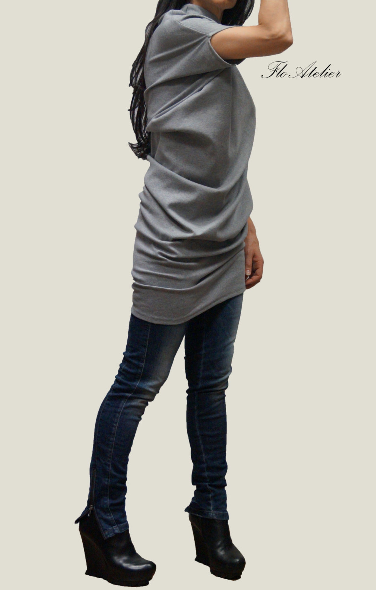 Asymmetrical Grey Tunic Dress, Ribbed Cotton Handmade Top - Etsy