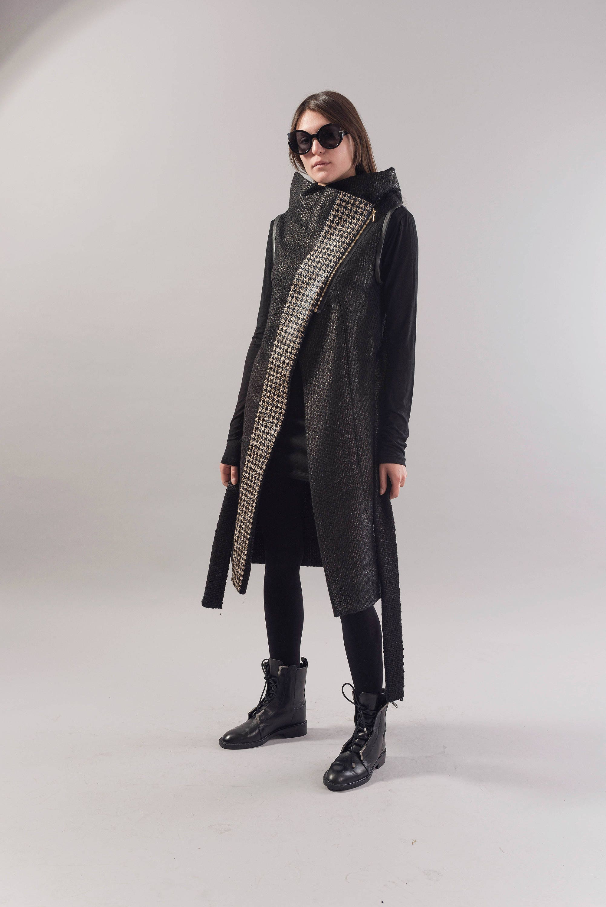 High Collar Waist Coat/Sleeveless Coat/Asymmetrical Vest/Black | Etsy