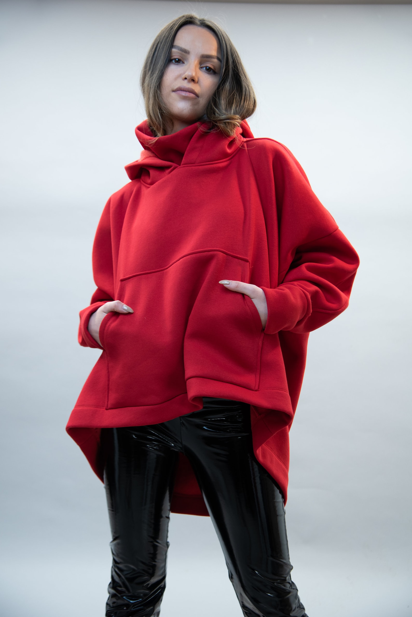 High Neck Hoodie /red Hoodie/ Oversized Loose Hoodie/ Cotton Polo ...