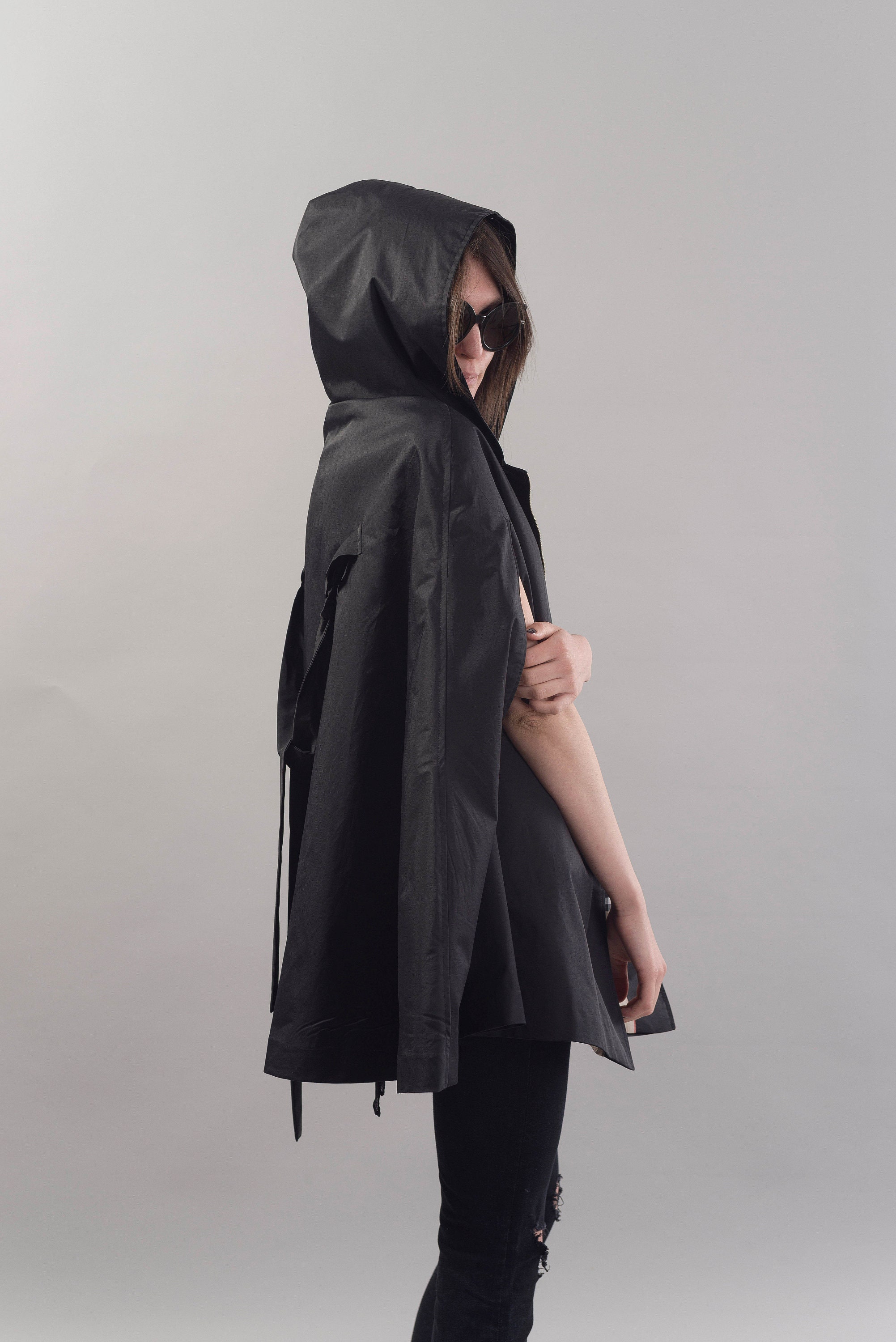 Black Hooded Cape Coat/Lined Hooded Cloak/Cape Coat/Cape | Etsy