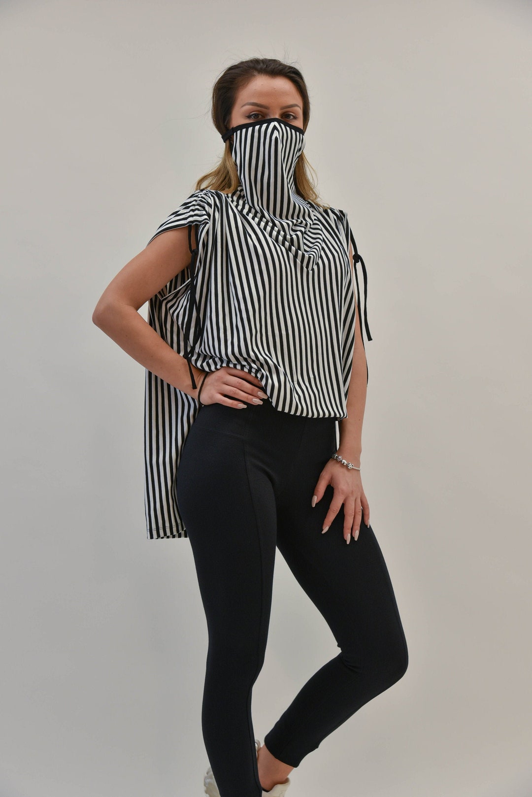 Stripe 2 in 1 Long Tunic Face Mask/shirt With Integrated Mask/white ...