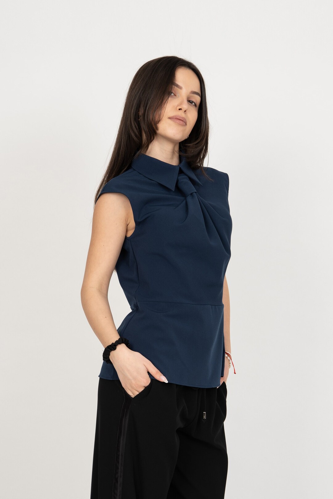 Sleeveless Shirt/handmade Blue Top/navy Blue Smart Shirt/collared Top ...