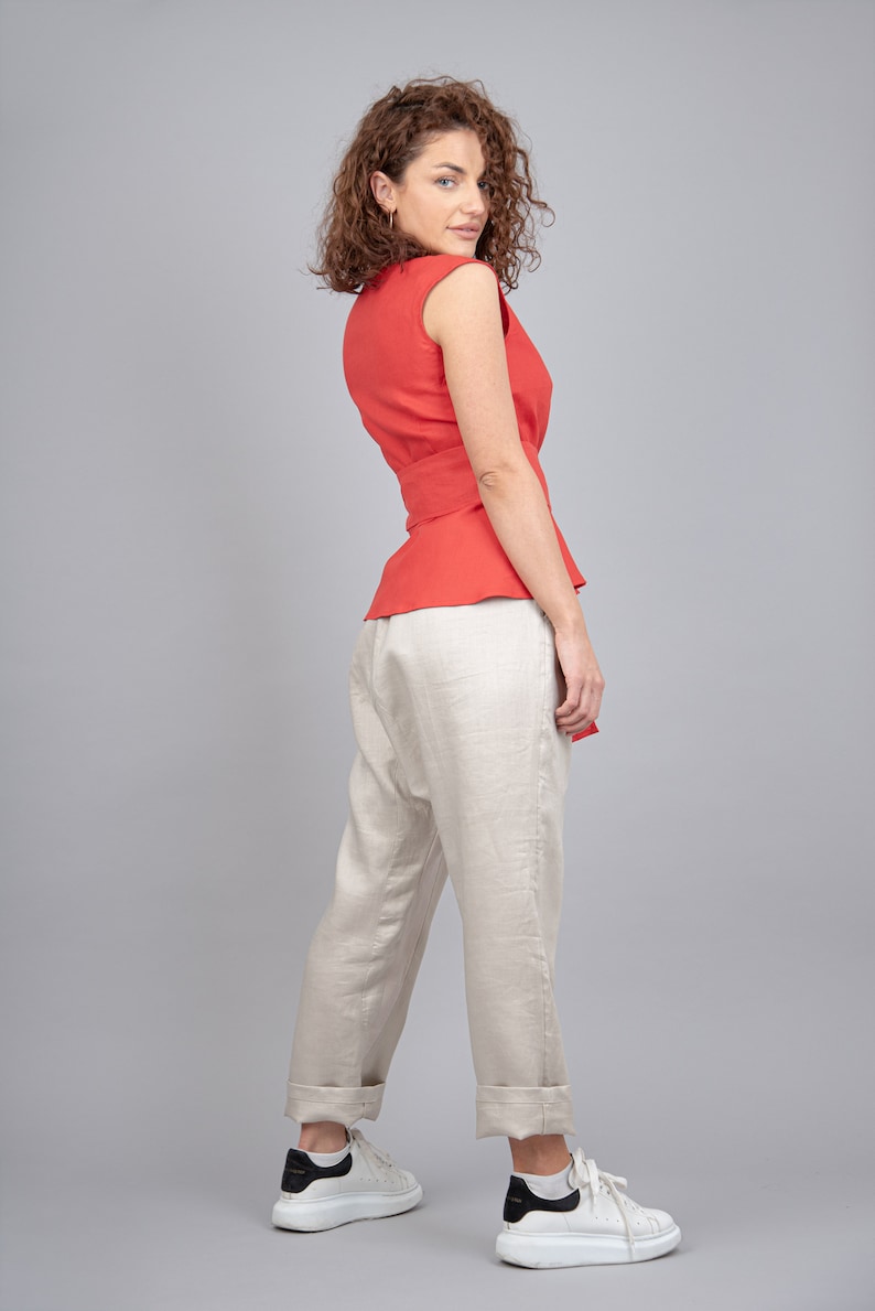Linen Red Shirt/oversized Linen Tank Top/belt Linen Blouse/casual Linen ...