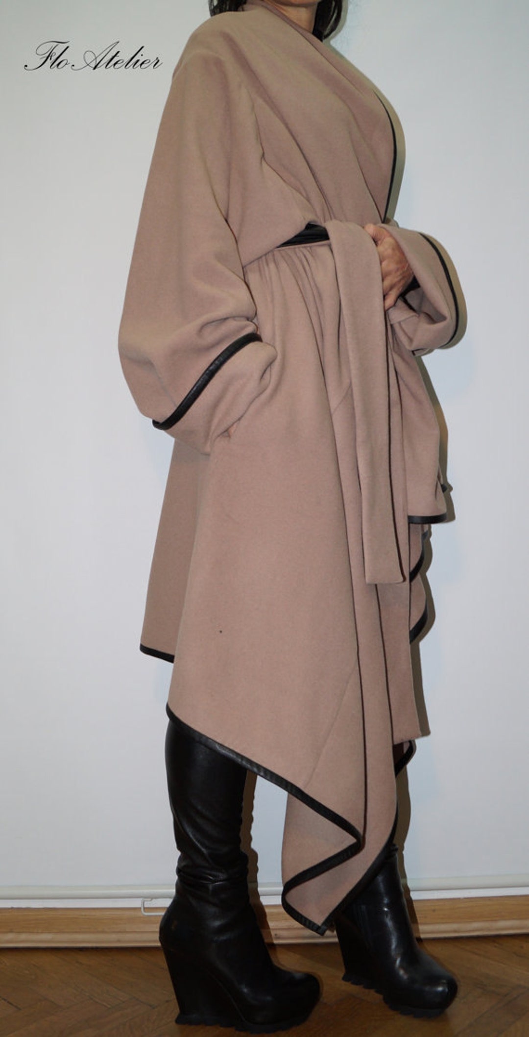High Collar Coat/asymmetrical Coat With Pockets/ Wool Cashmere Blend ...