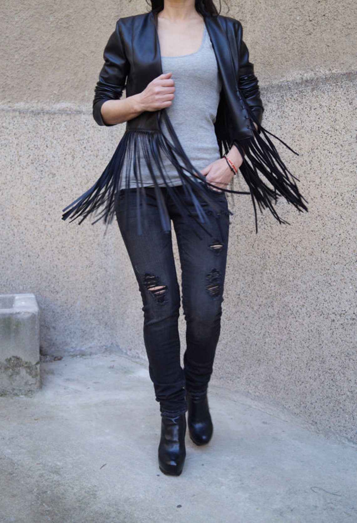 Black Genuine Leather Jacket With Fringe/handmade Short Jacket | Etsy