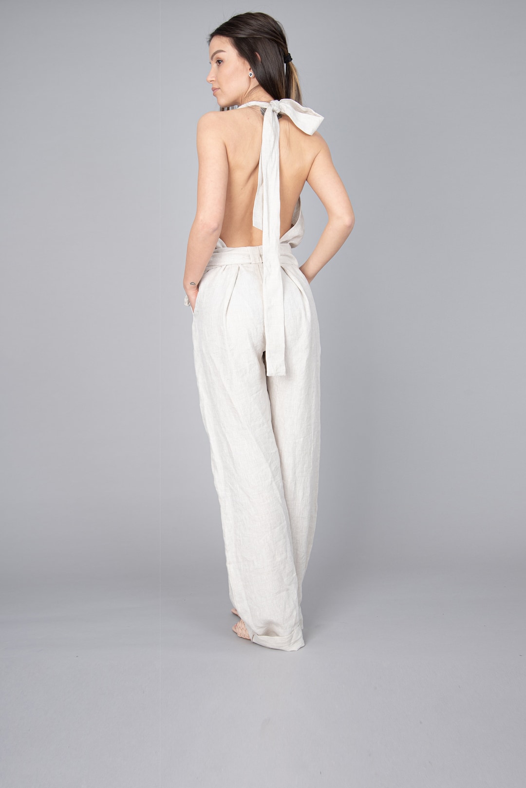 Linen Jumpsuit With Open Back/loose Linen Jumper/casual Wrap Jumpsuit ...