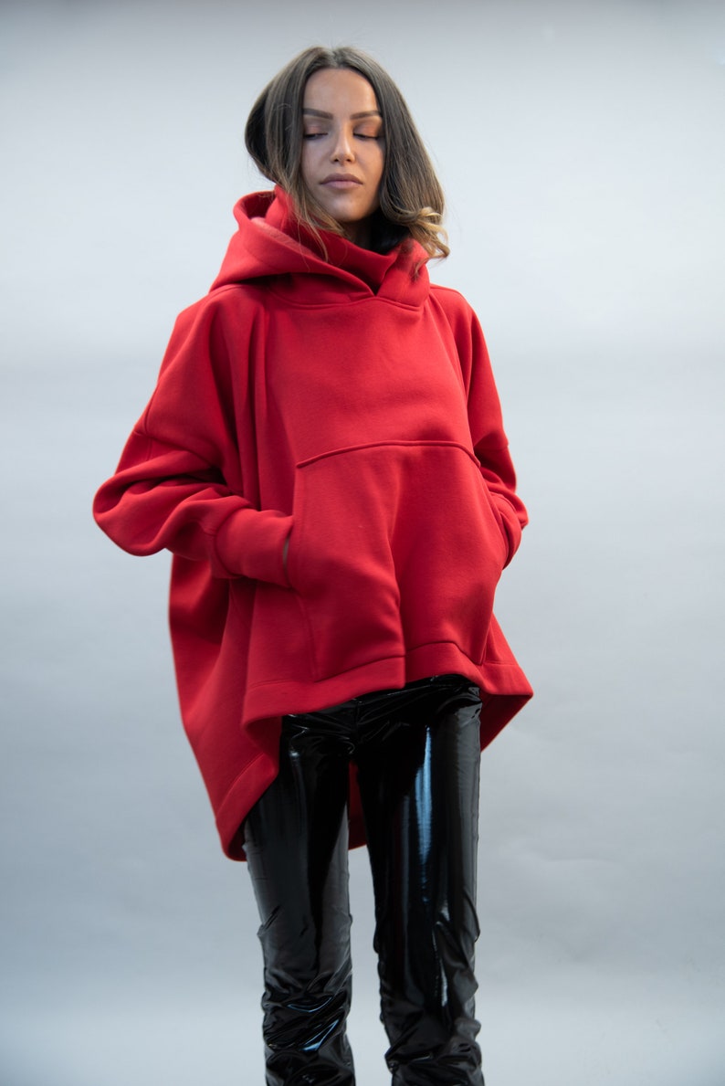 High Neck Hoodie /red Hoodie/ Oversized Loose Hoodie/ Cotton Polo ...