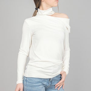 White off Shoulder Polo Top/open Shoulder Long Sleeve Tunic/top/women ...