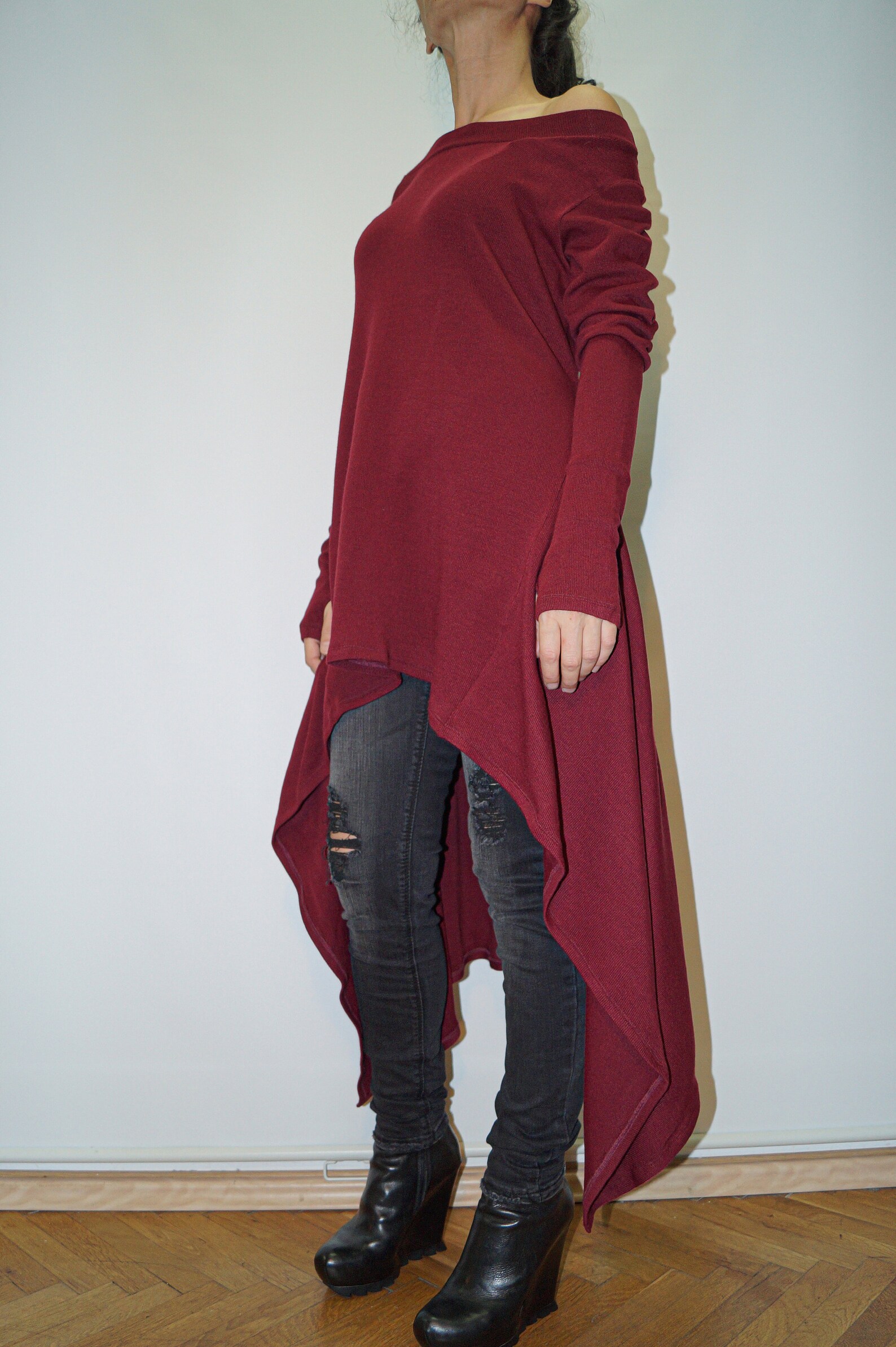 Red Asymmetrical Wool Blend Sweater Dress, Oversized Knit Top - Etsy