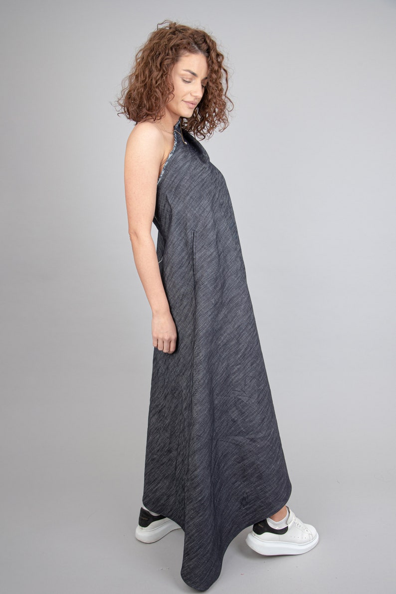 One Shoulder Dress/denim Kaftan/asymmetrical Tunic/denim Maxi Dress ...