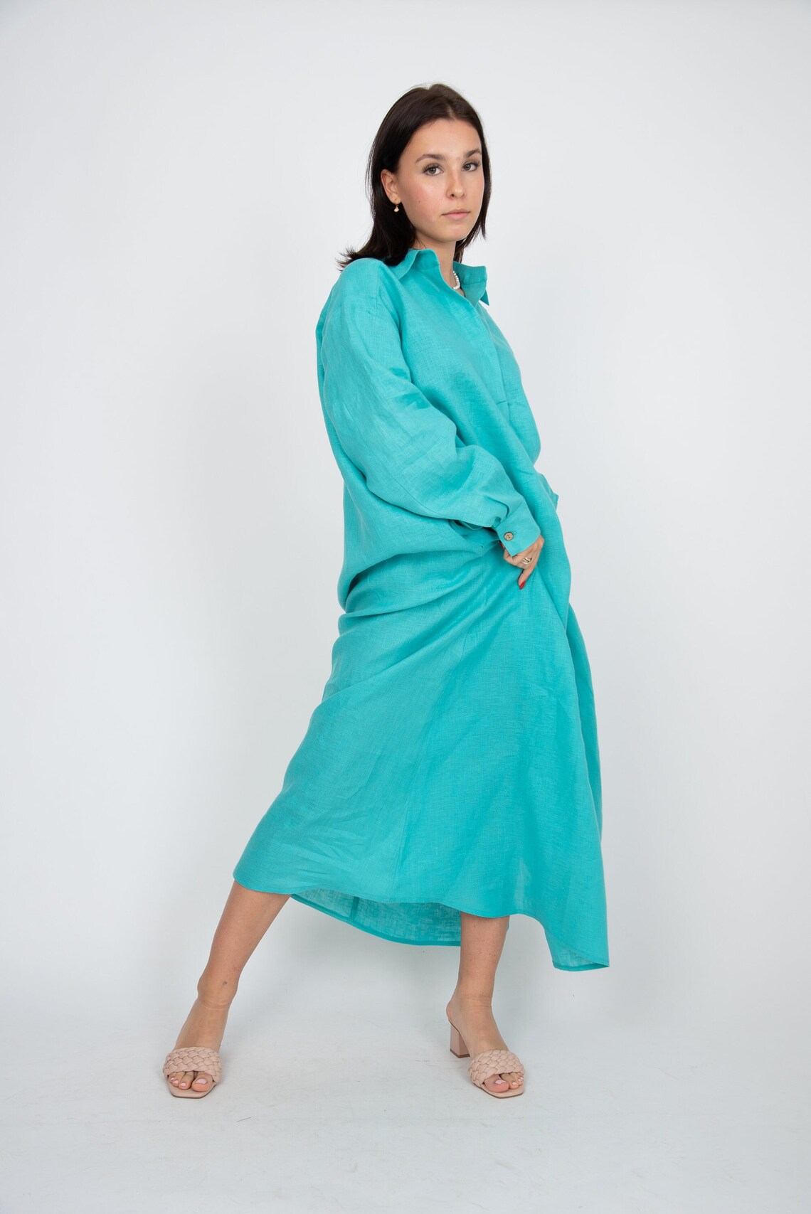 Turquoise Linen Dress/linen Shirt Dress/oversized Shirt - Etsy