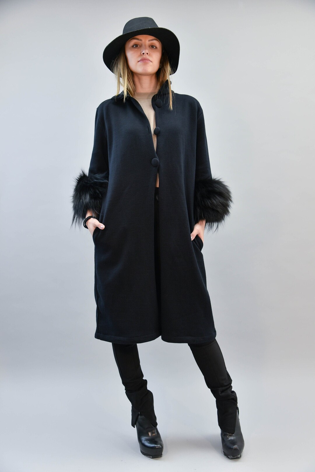 Black Loose Coat/faux Fur Sleeves Finish/elegant Coat/fancy Coat/black ...