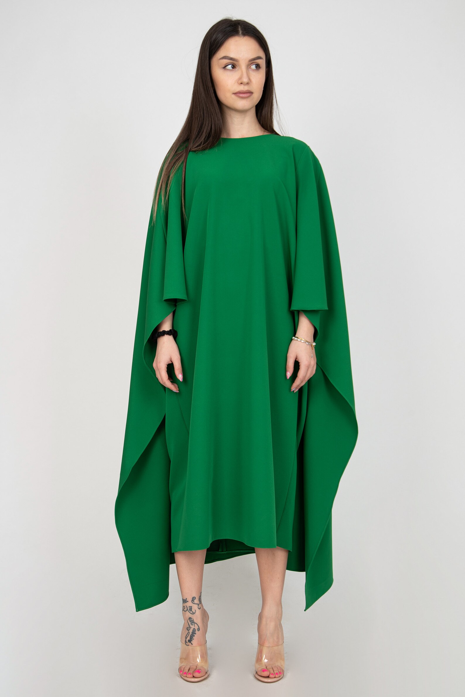 Green Cape Dress/oversized Dress/elegant Flowing Dress/handmade Dress ...