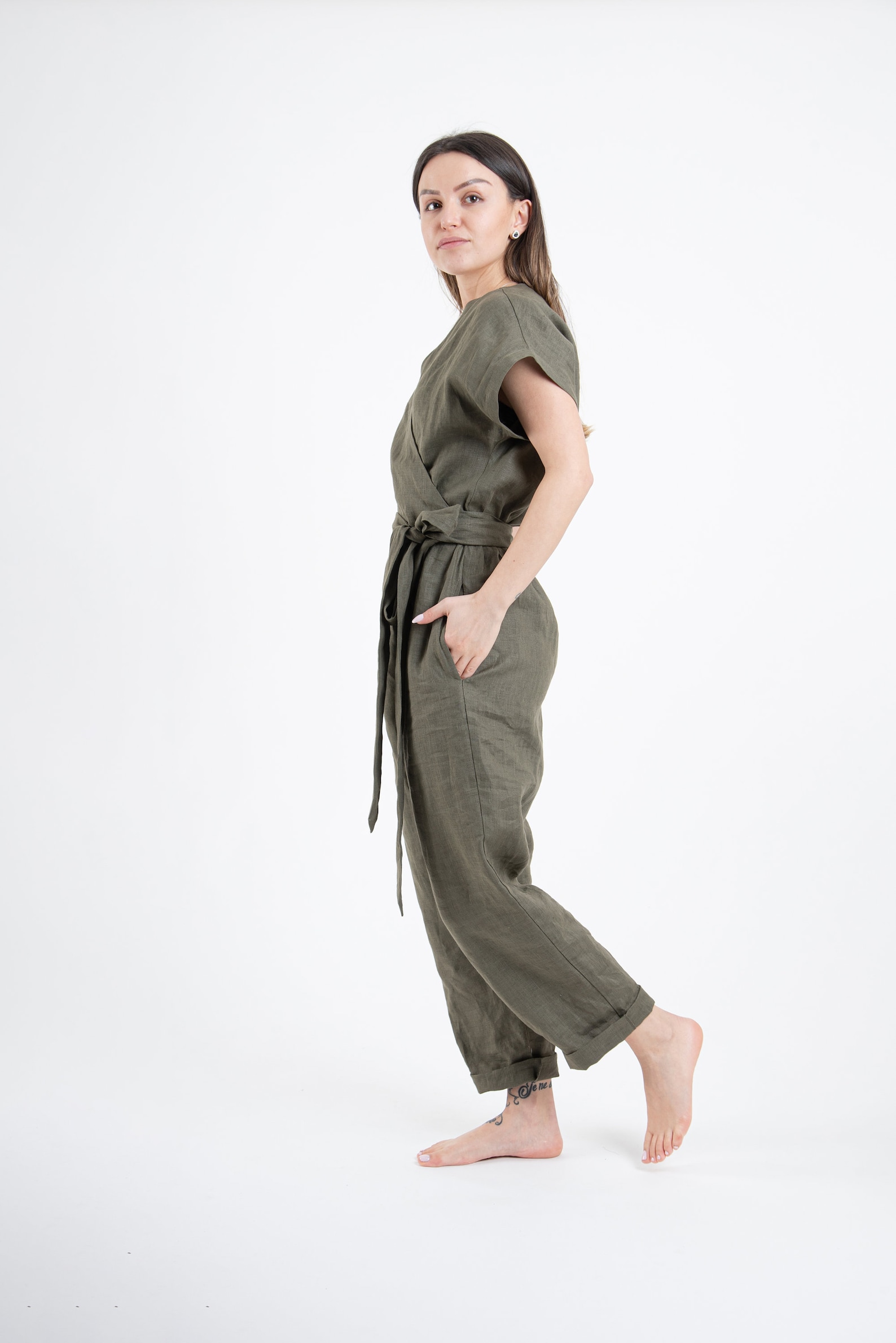 Military Linen Jumpsuit/loose Linen Jumper/linen Romper/wrap | Etsy