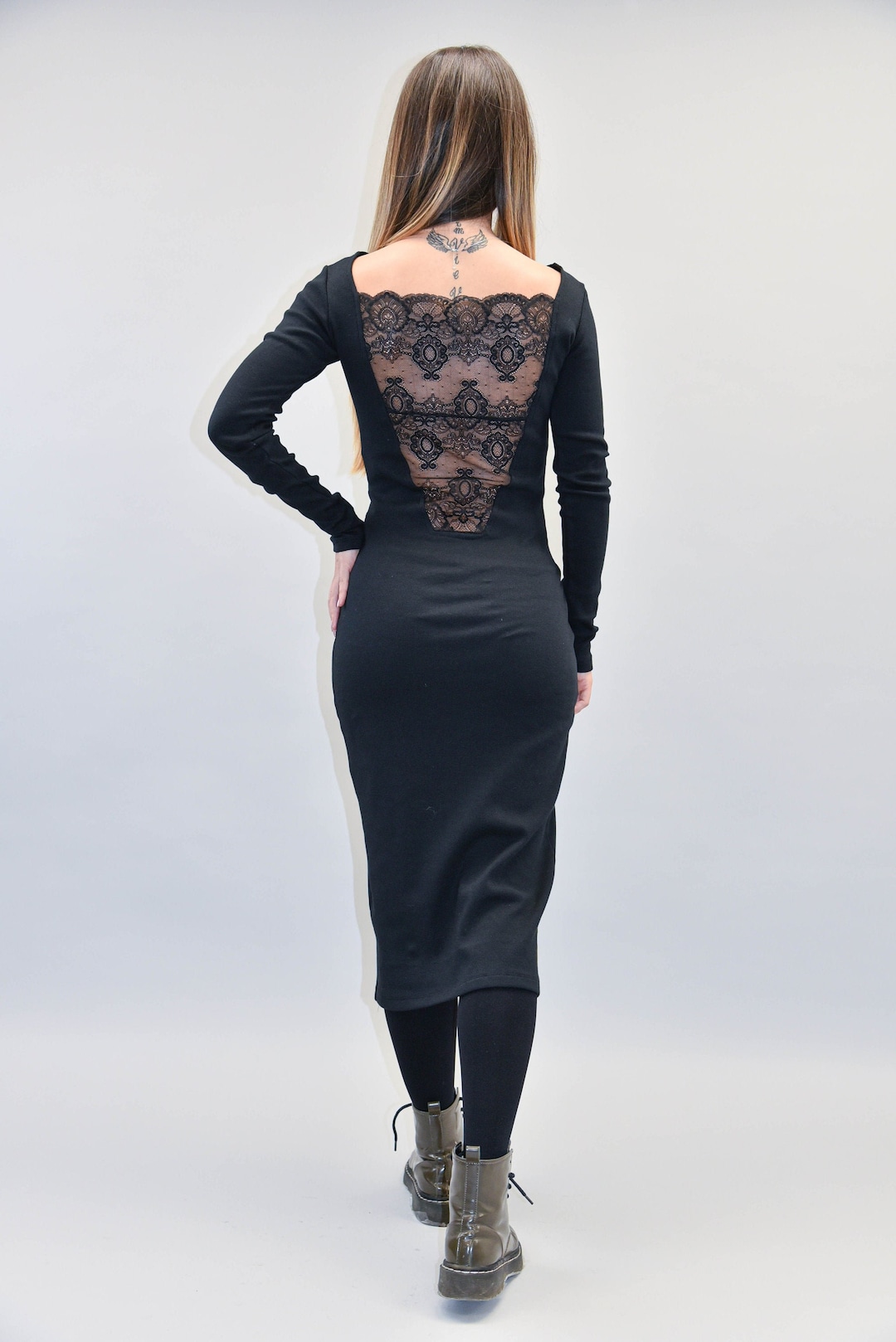 Black Open Back Dress/slim Fit Lace Dress/evening Dress/lace Dress ...