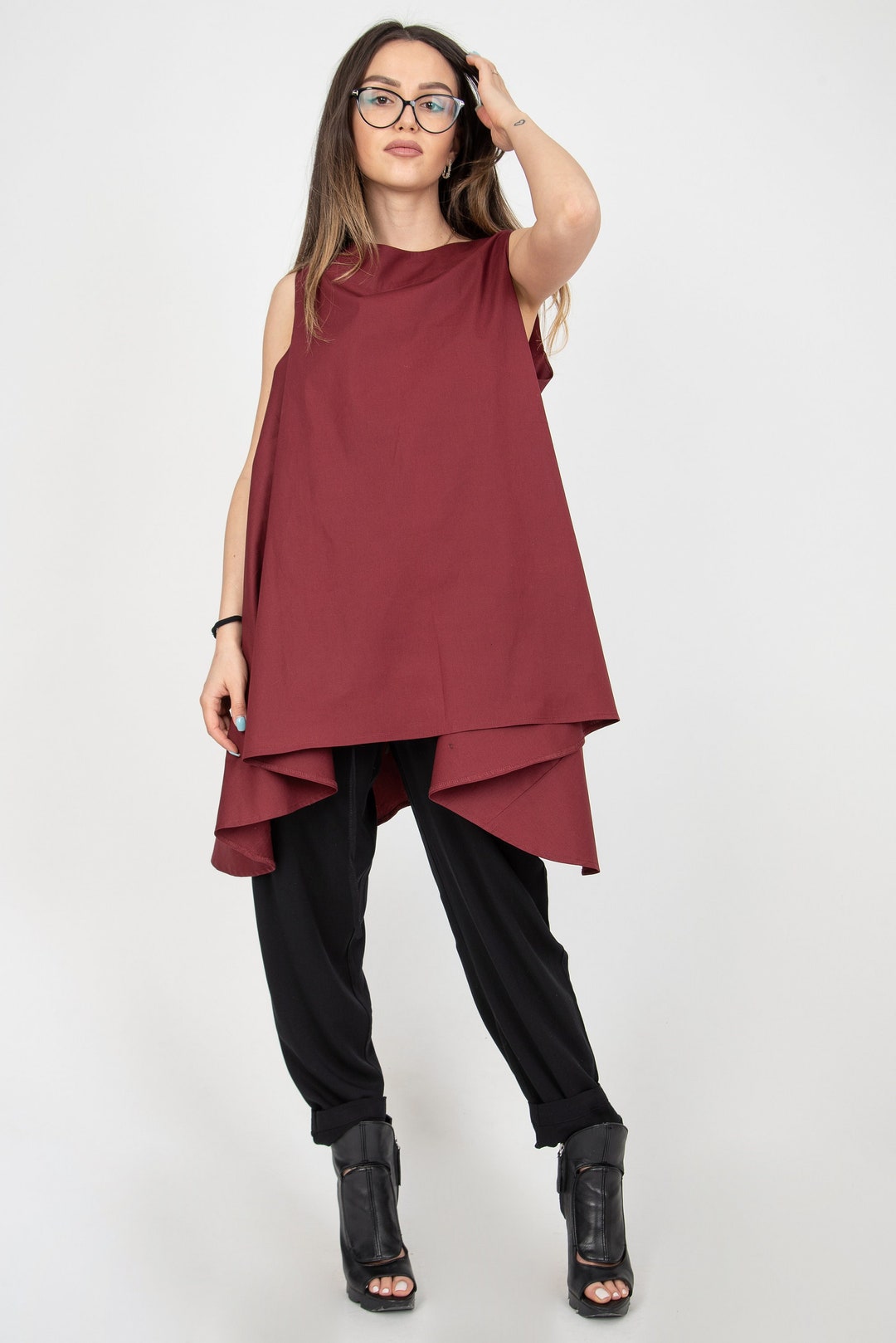 Burgundy Blouse/asymmetric Tunic/sleeveless Cotton Top/poplin Cotton ...