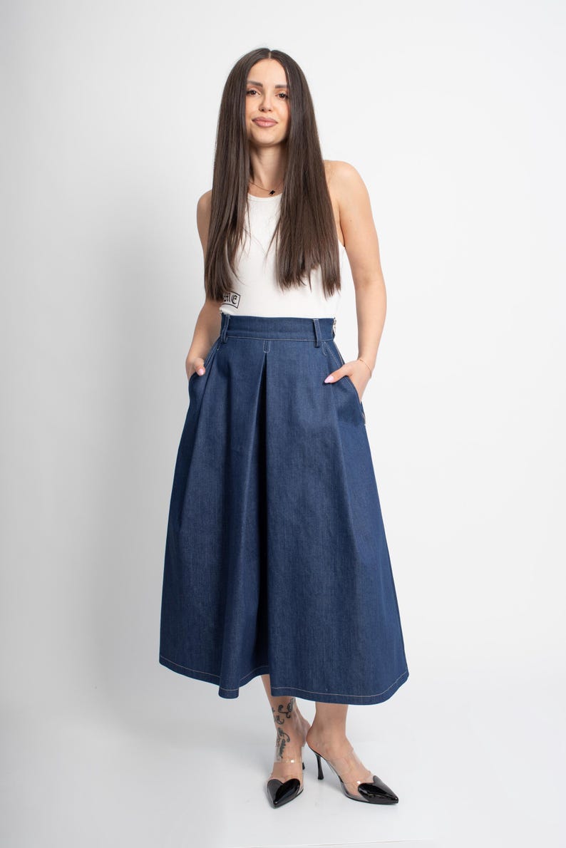 Denim Midi Skirt/classic 100% Cotton Denim Skirt With Pockets/handmade ...