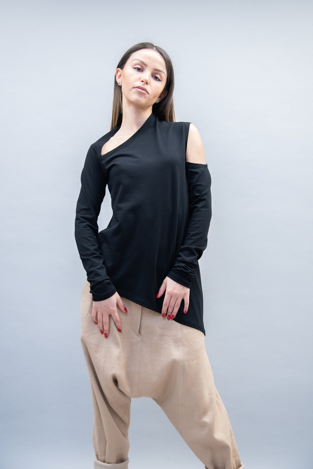 Elastic Black Top/cut Out Top/handmade Top/loose Woman Tunic/open ...