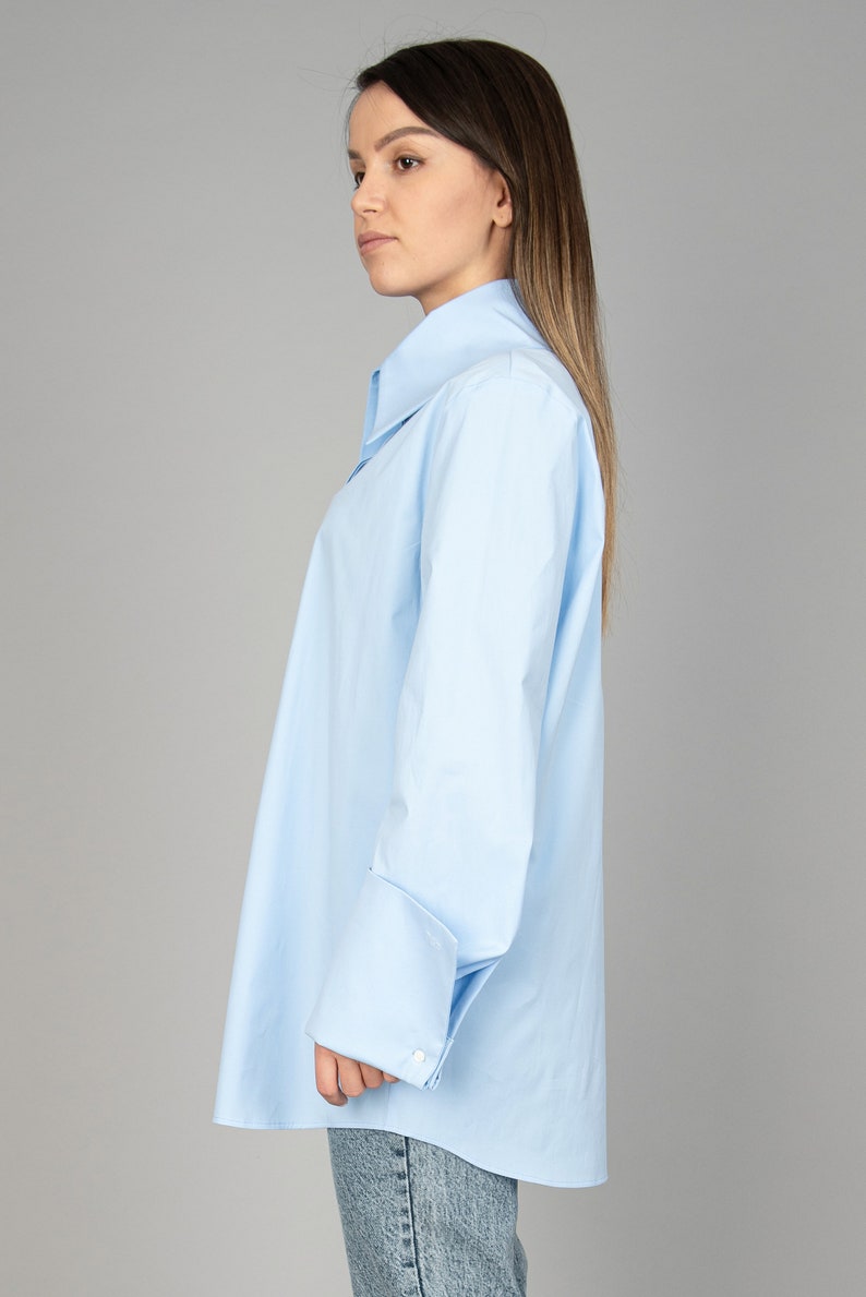 Light Blue Poplin Shirt: Oversized Cuffs, Elegant Cotton Top - Etsy