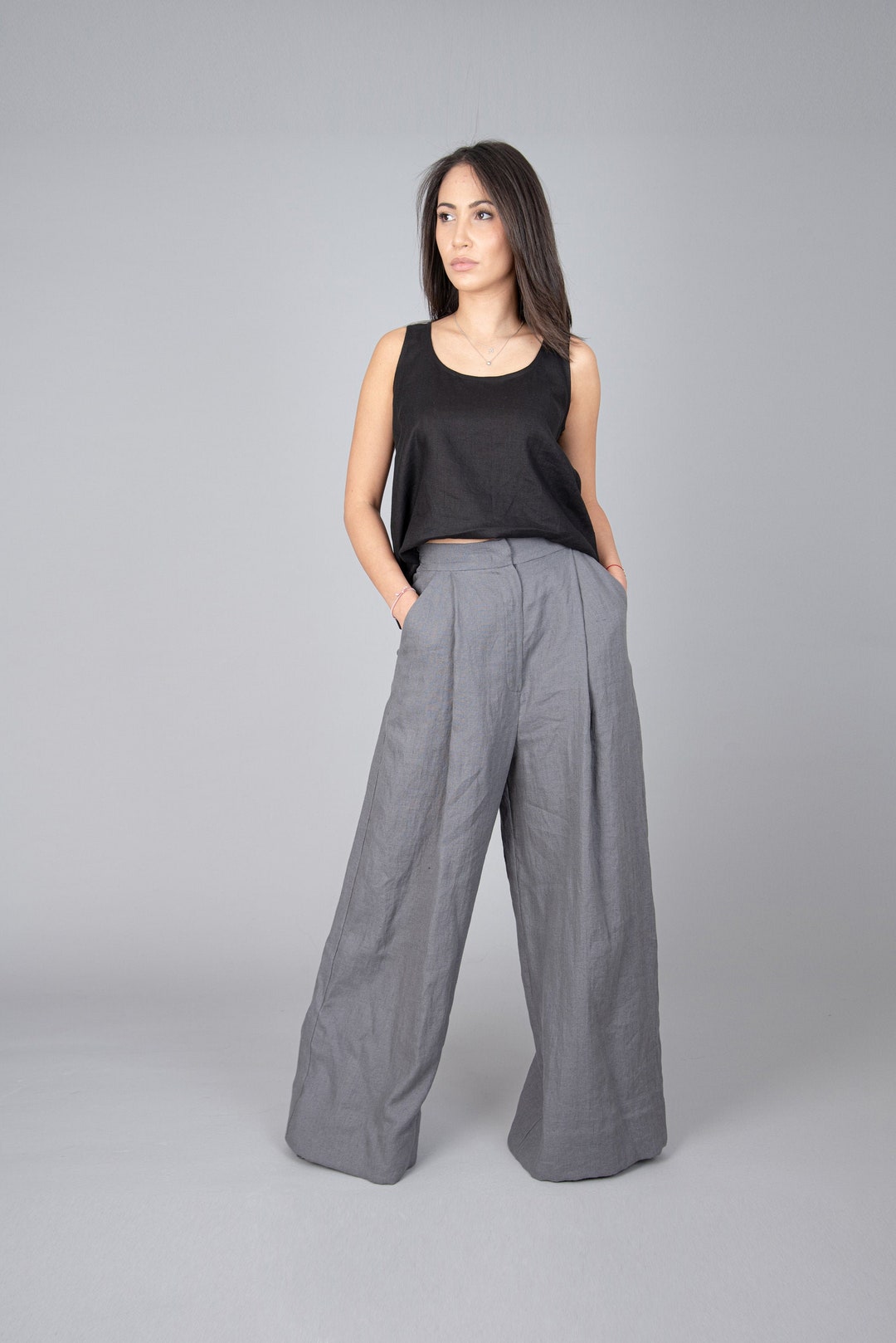 Wide Led Linen Pants/palazzo Gray Pants/handmade Casual Trousers/linen ...