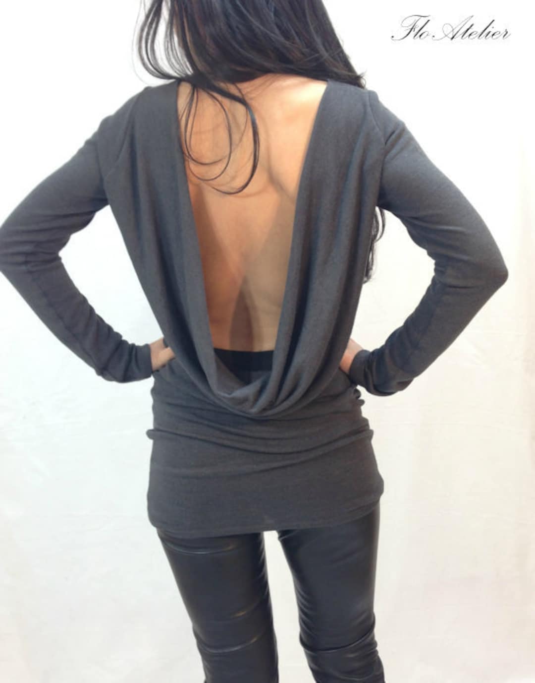 Open Back Tunic Top/long Sleeve Open Back Slim Top/soft Cotton Viscose ...