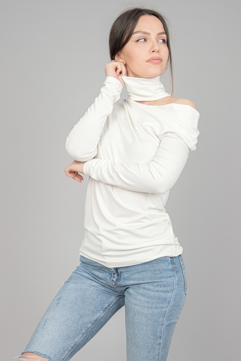 White off Shoulder Polo Top/open Shoulder Long Sleeve - Etsy