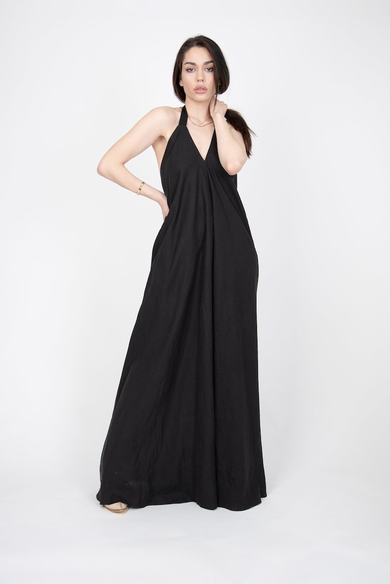 Linen Open Back Dress/black Linen Dress/linen Wedding Dress/linen Maxi ...