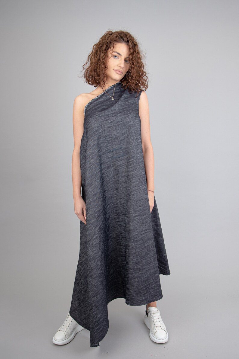 One Shoulder Dress/denim Kaftan/asymmetrical Tunic/denim Maxi Dress ...