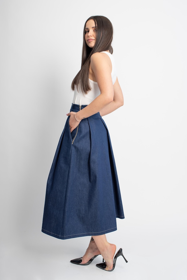 Denim Midi Skirt/classic 100% Cotton Denim Skirt With Pockets/handmade ...