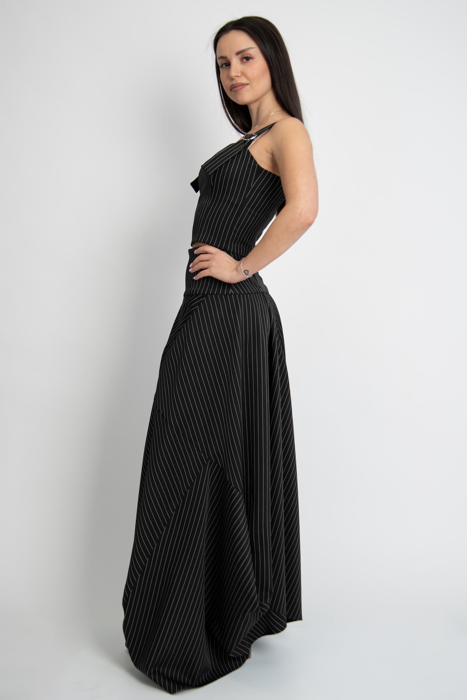 Floor-length Pinstripe Skirt/asymmetrical High-low Waist Skirt/handmade ...