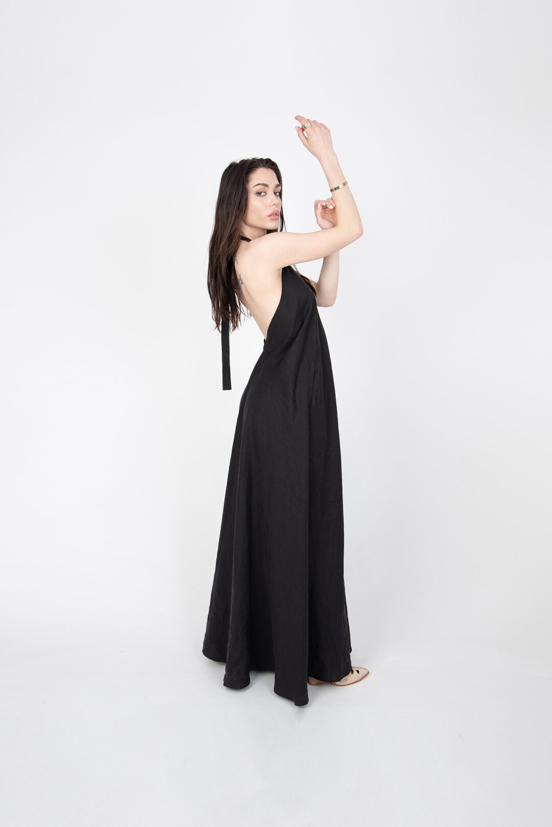 Linen Open Back Dress/black Linen Dress/linen Wedding Dress/linen Maxi ...