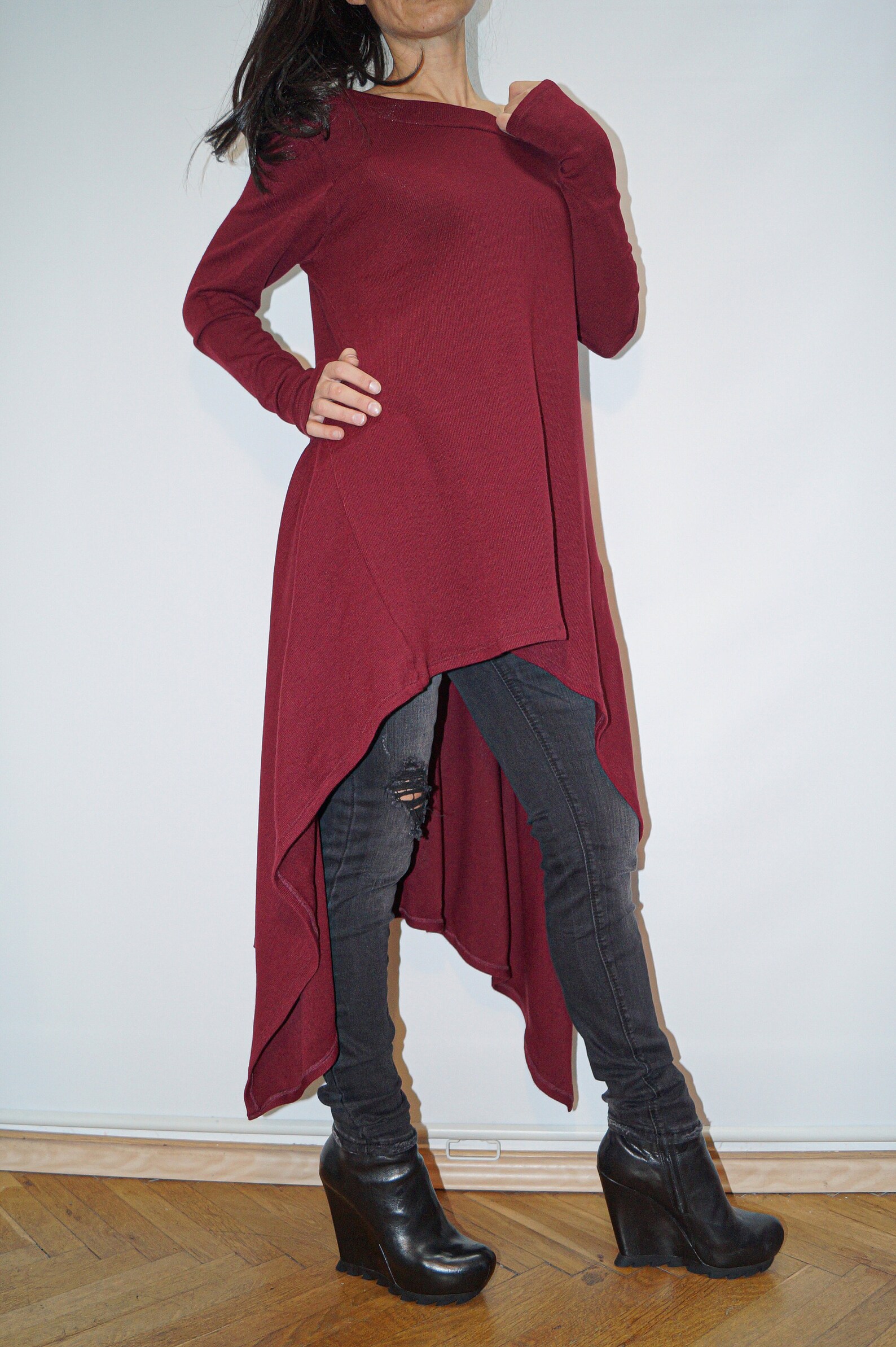 Red Asymmetrical Wool Blend Sweater Dress, Oversized Knit Top - Etsy