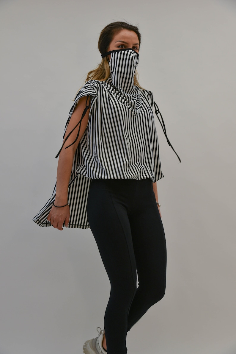 Stripe 2 in 1 Long Tunic Face Mask/shirt With Integrated Mask/white ...