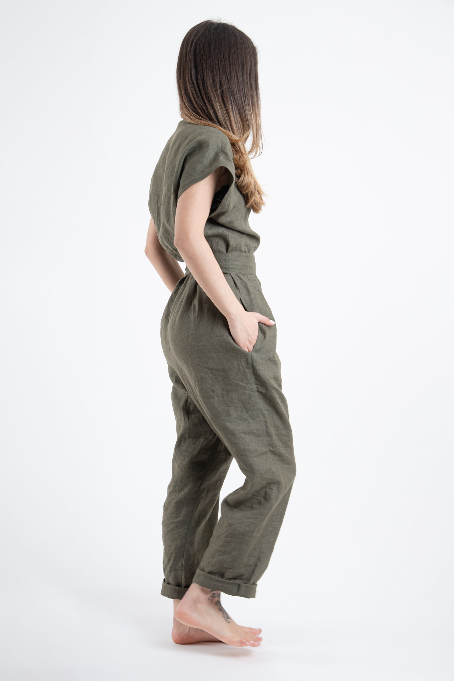Military Linen Jumpsuit/loose Linen Jumper/linen Romper/wrap | Etsy