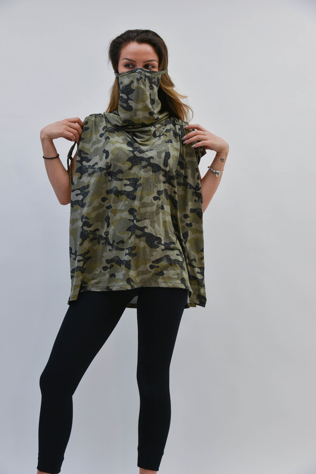 Green 2 in 1 Long Tunic Face Mask/shirt With Integrated Mask/green Camo ...