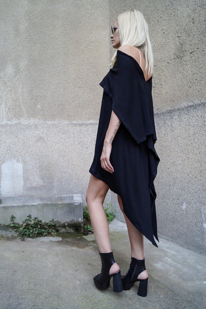 Black Viscose Cape Dress, Oversized Tunic With Trimmed Hem - Etsy