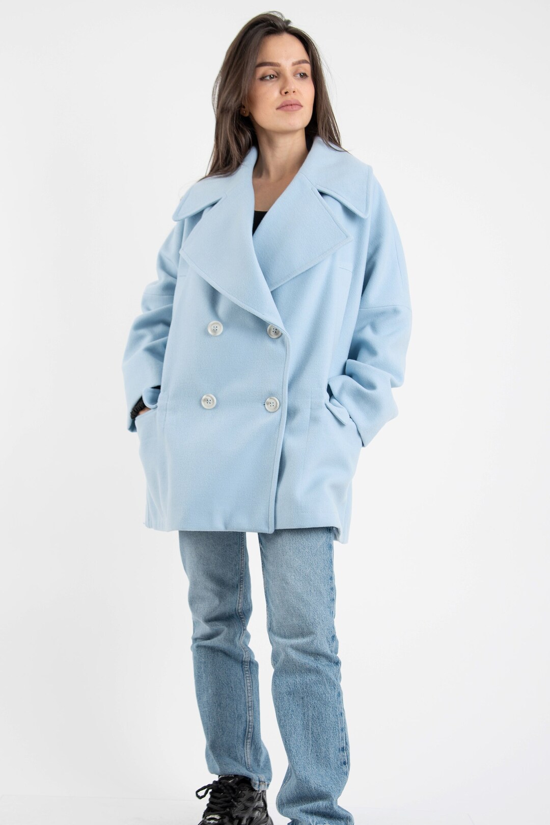 Oversized Coat/warm Coat/light Blue Lined Coat/cashmere Wool Coat ...