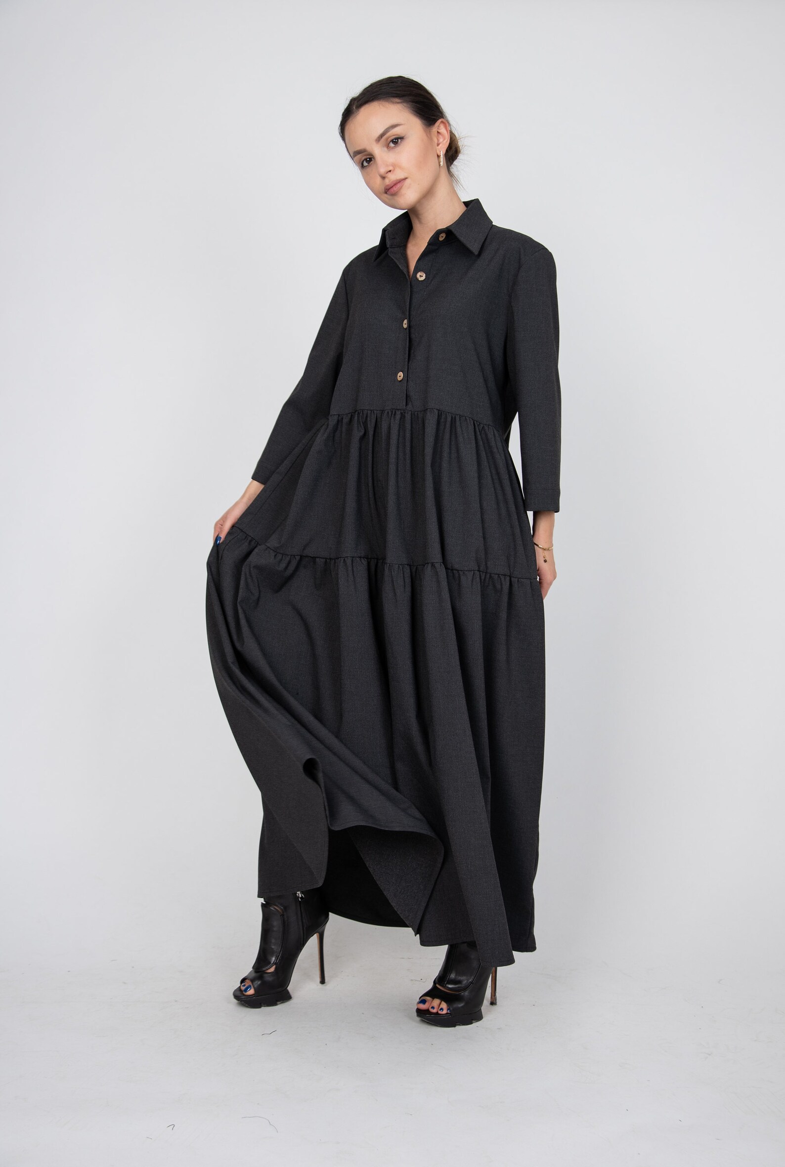 Women's Wool Dress/winter Cozy Dress/black Wool Dress/wool Casual Dress ...