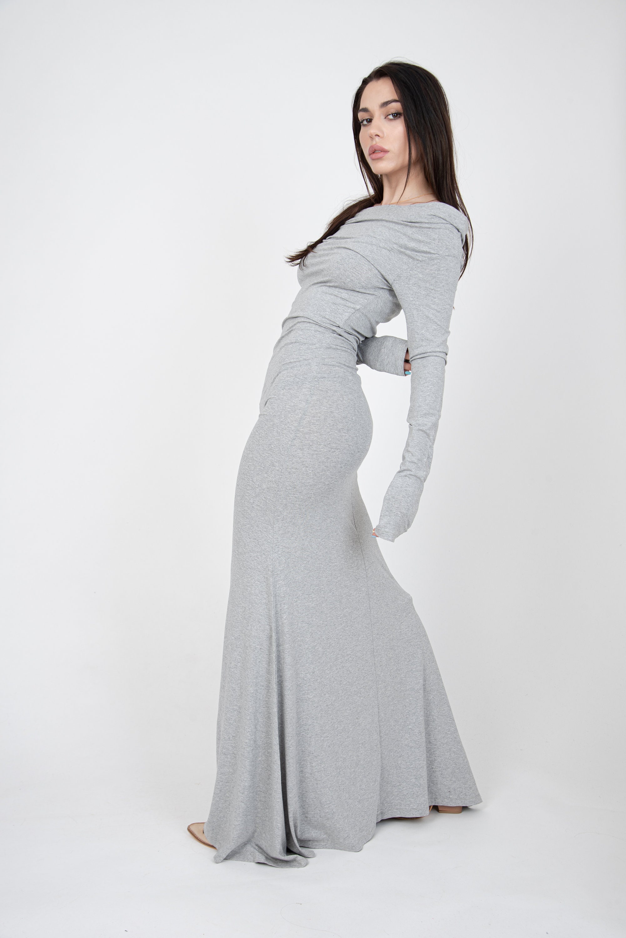 Handmade Cotton Maxi Dress: Long Sleeve Open Shoulder Evening Gown - Etsy