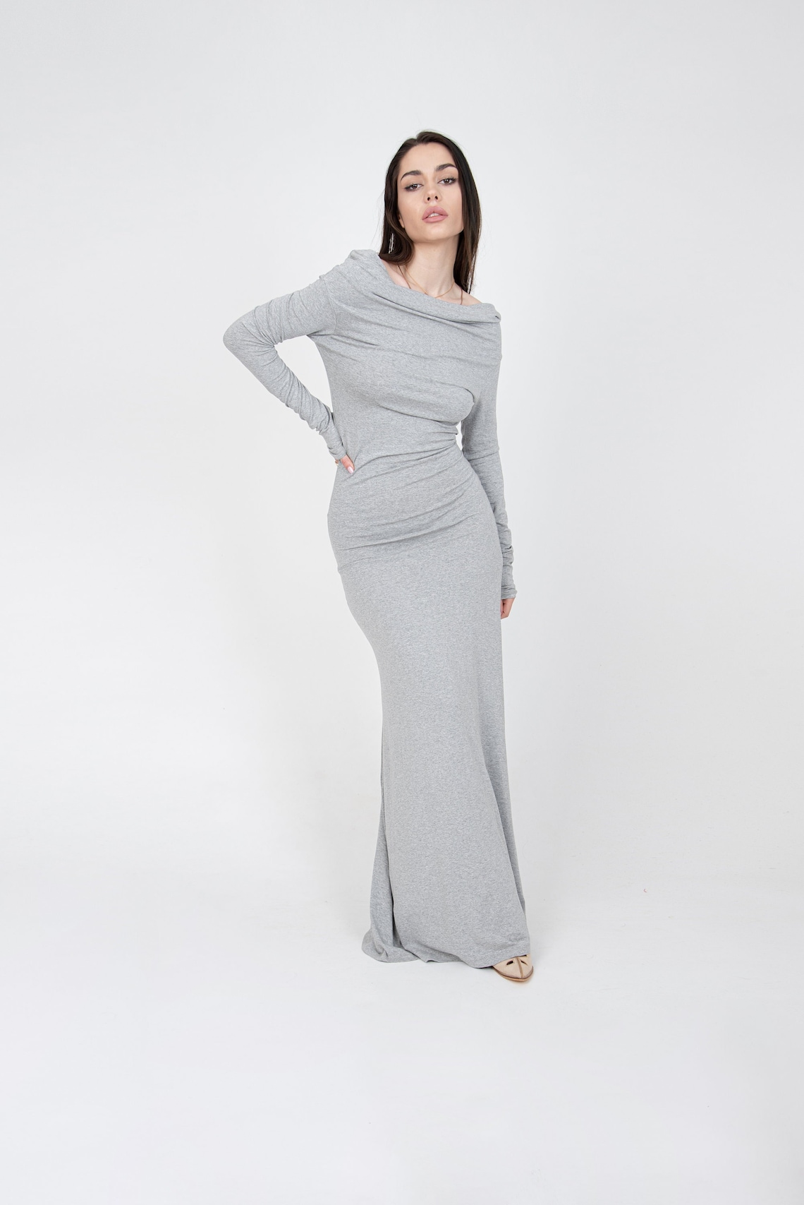 Handmade Cotton Maxi Dress: Long Sleeve Open Shoulder Evening Gown - Etsy