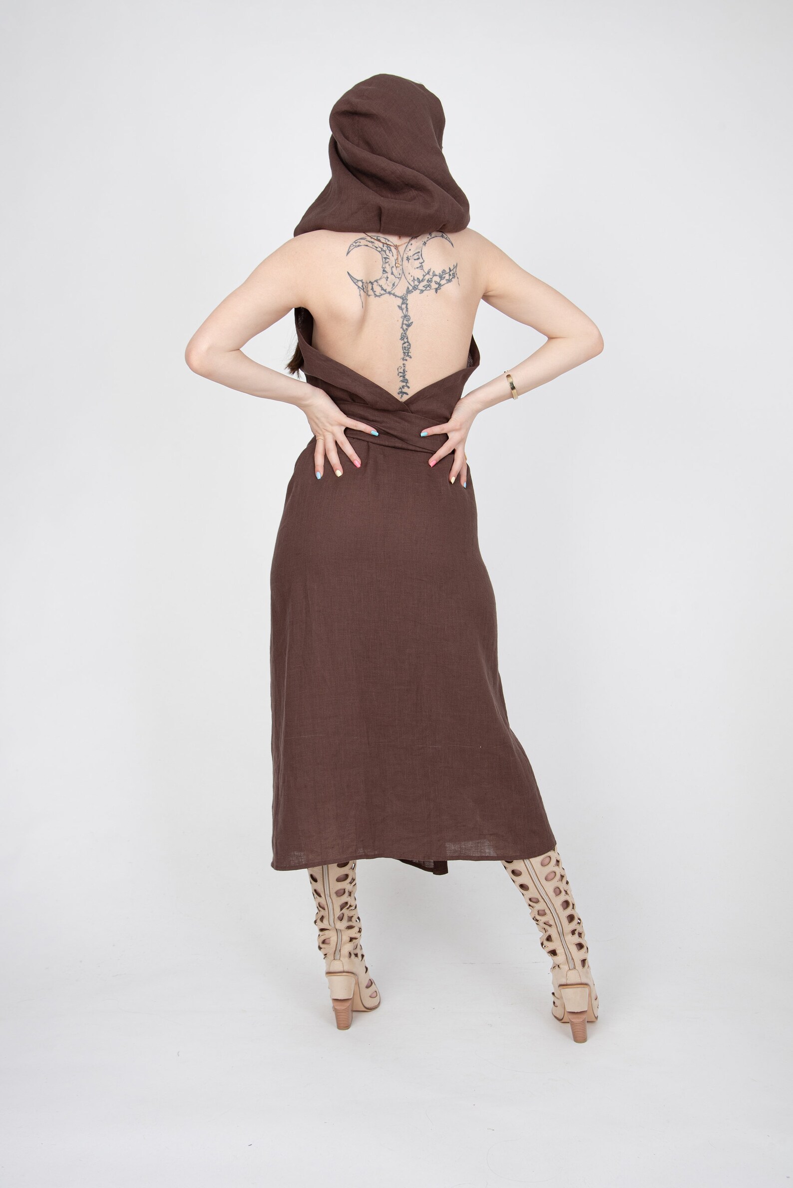 Hooded Linen Dress/linen Open Back Dress/linen Wrap | Etsy