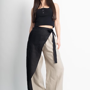 Linen Wide Leg Pants With Wrap Skirt Overlay/wide Leg Two-tone Pants ...