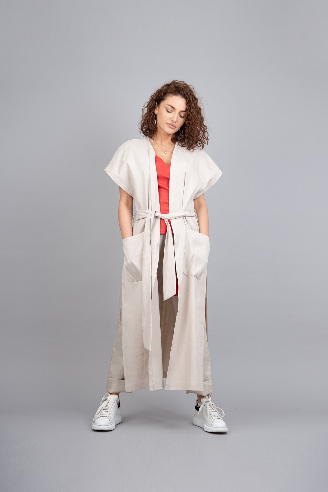 Long Linen Vest With Pockets/linen Vest With Slits/linen Loose Vest ...