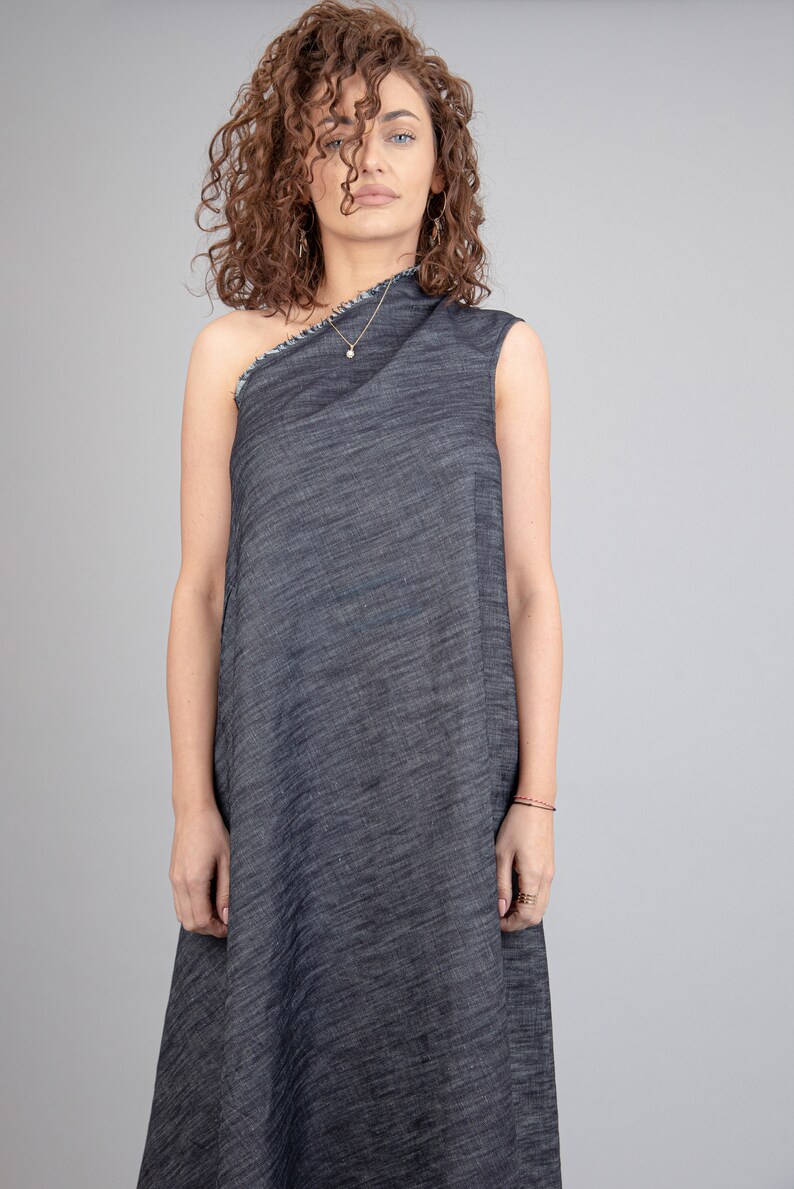 One Shoulder Dress/denim Kaftan/asymmetrical Tunic/denim Maxi Dress ...