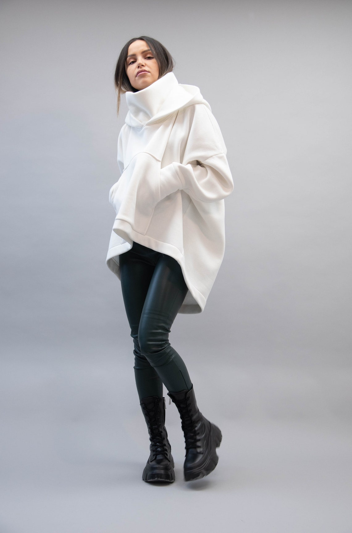 High Neck Hooded Sweatshirt/white Hoodie/oversized Loose - Etsy